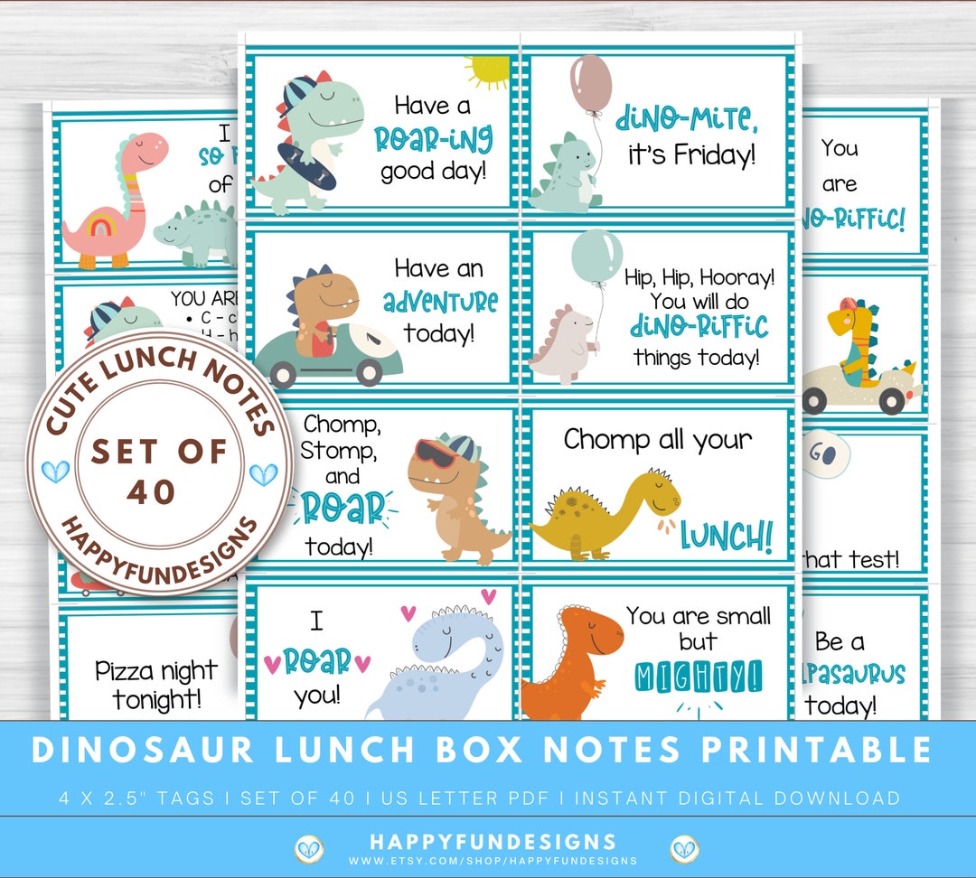 Lunch Notes for Kids Printable, Back to School Notes, 40 Dinosaur Boys ...