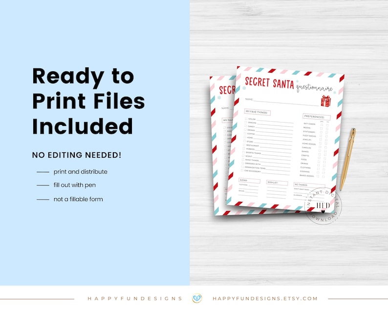Editable School Secret Santa Questionnaire Form Printable, Church Staff ...