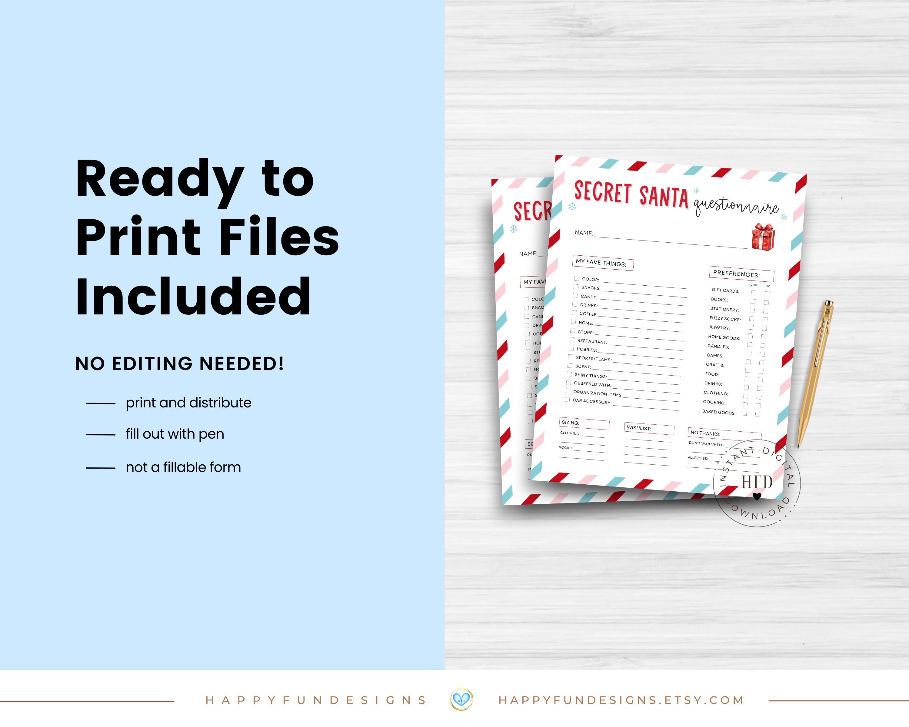 Editable School Secret Santa Questionnaire Form Printable, Church Staff ...