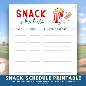 Baseball Snack Schedule Printable, Baseball Snack Sign up Sheet, Little ...