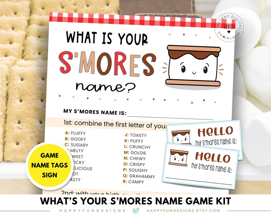 Whats Your Smores Name Game Kit Printable Kids Backyard Camping Smores ...