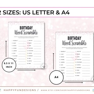 Birthday Word Scramble Game Printable Word Scramble With Answer, Pink ...