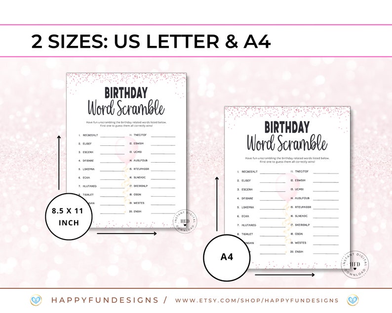 Birthday Word Scramble Game Printable Word Scramble With Answer, Pink ...