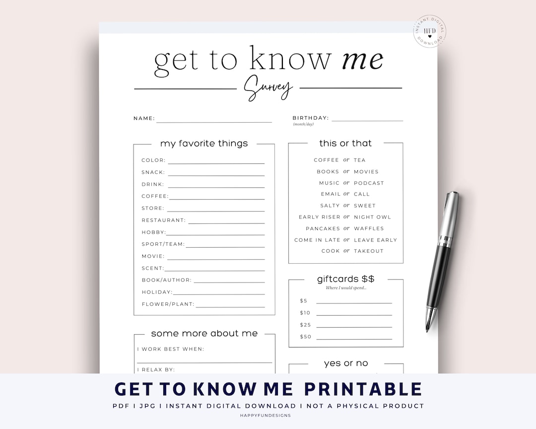 Get to Know Me Printable, Work Exchange Gift, Editable Survey, All ...