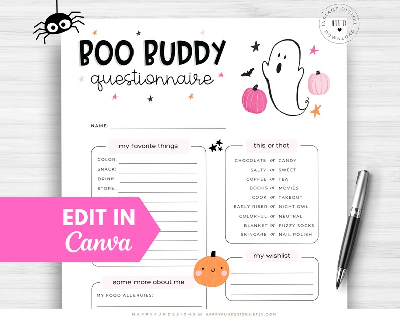 Editable Boo Buddy Questionnaire Printable, Boo Buddies, Youve Been ...