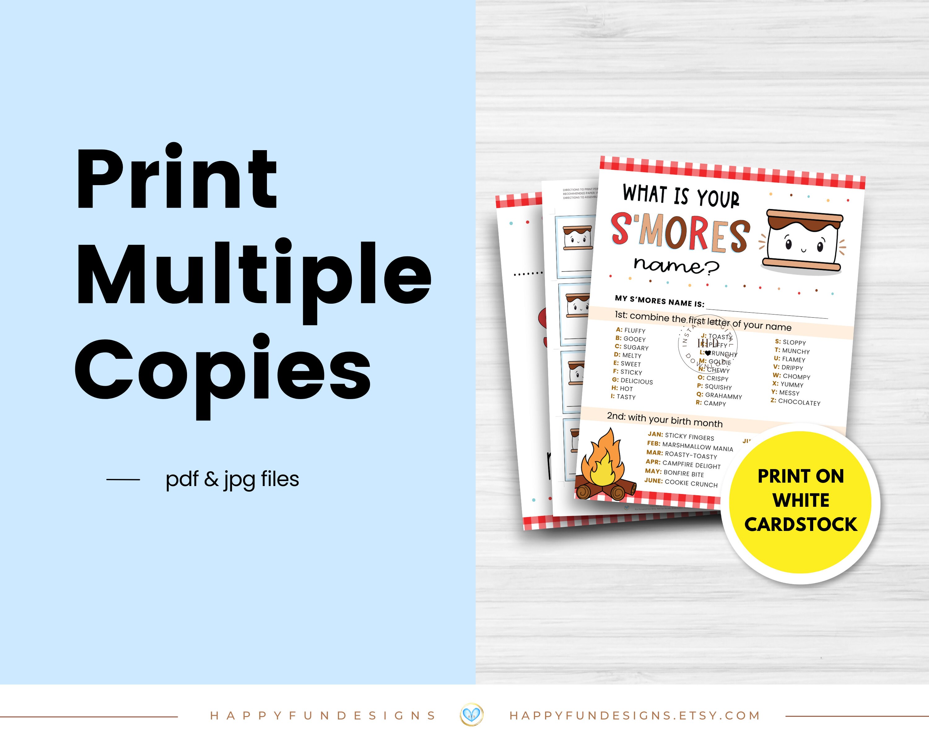 Whats Your Smores Name Game Kit Printable Kids Backyard Camping Smores ...
