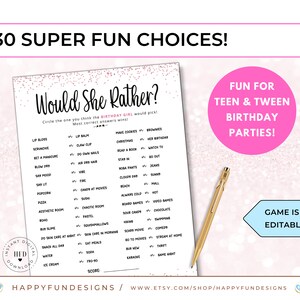 Would She Rather Birthday Game, Printable Party Games for Teens ...