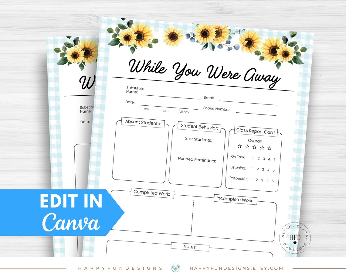 Substitute Teacher Note Template Editable, While You Were Away ...