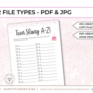 Teen Birthday A-Z Game, Slang Game, Teen Girl Birthday Games, Printable ...