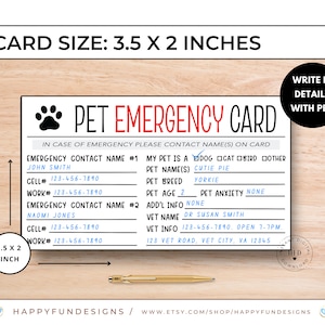 Pet Emergency Card Printable in Case of Emergency, Contact Card, Safety ...