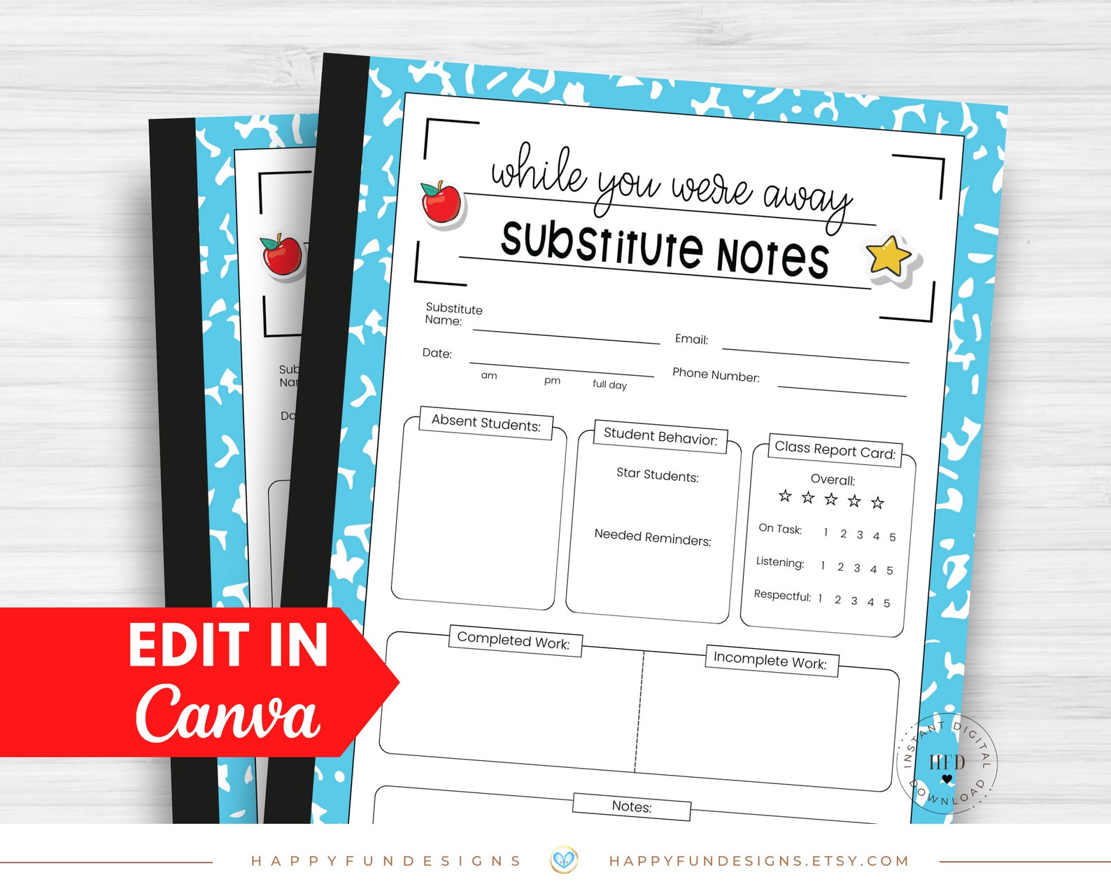 Substitute Teacher Note Template Editable, While You Were Away ...