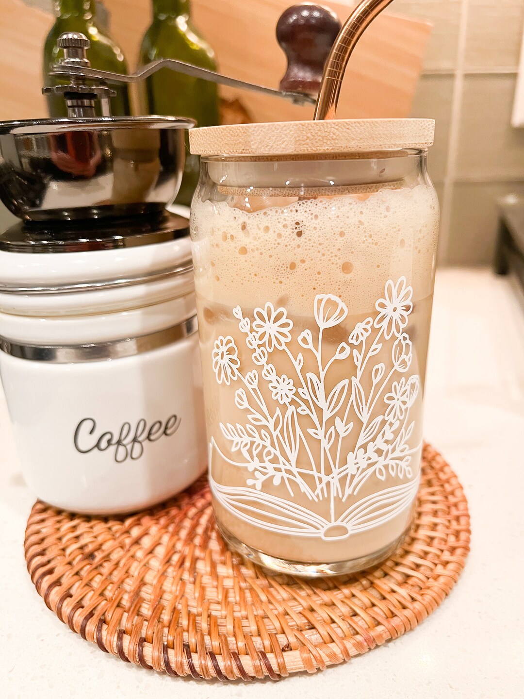 Flower Book Cup, 16 Oz Can Glass, Library, Book Addict, Iced Coffee ...