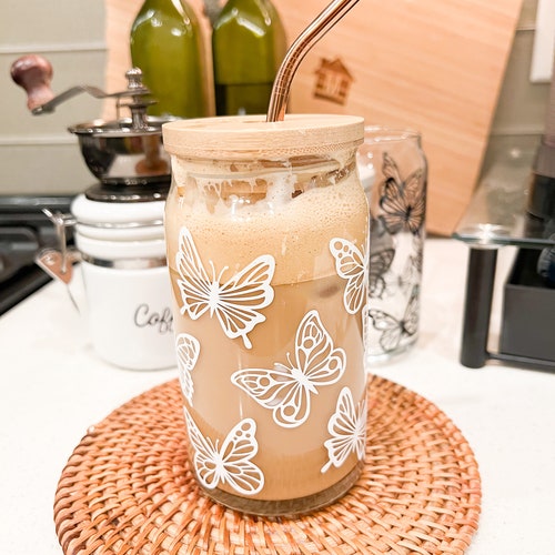 Butterfly Iced Coffee Glass Cup Boho Butterflies Glass Can | Etsy