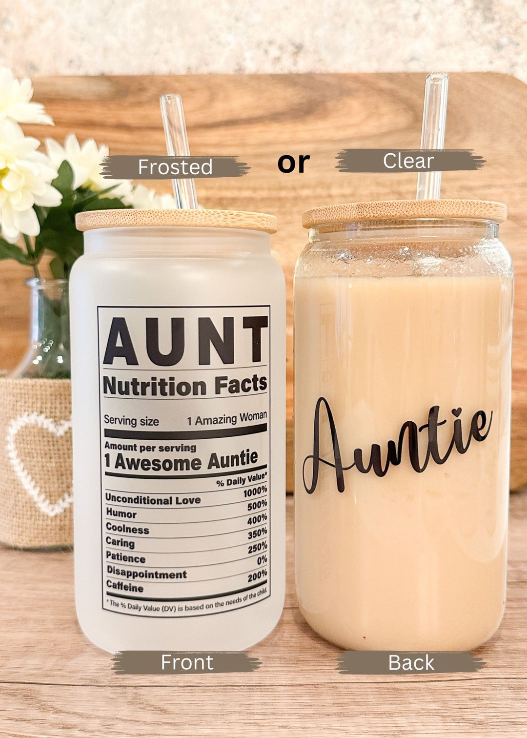 Aunt Nutrition Fun Facts Iced Coffee Cup, Auntie Gift, Reusable Can ...
