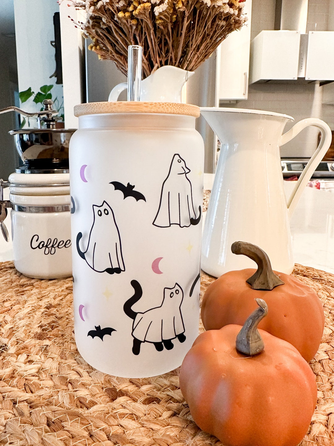 Halloween Black Cat Ghosts Glass Tumbler, Iced Coffee Glass, 16 Oz ...