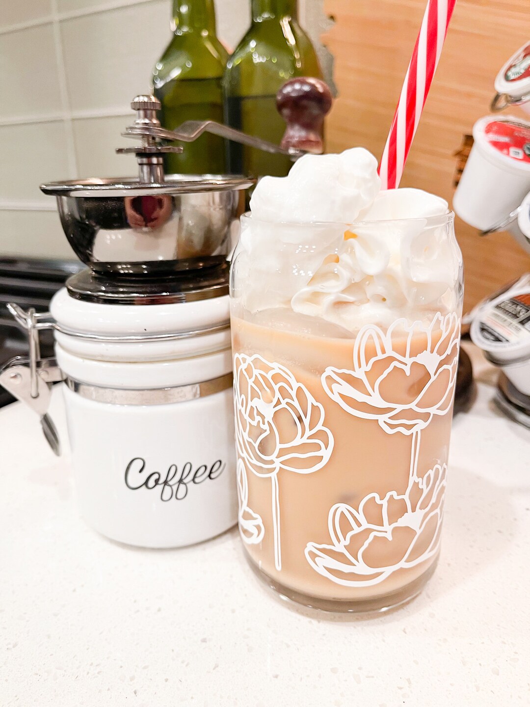 Floral Iced Coffee, 16 Oz Can Glass, Peony Flower Glass, Iced Coffee ...