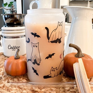 Halloween Black Cat Ghosts Glass Tumbler, Iced Coffee Glass, 16 Oz ...