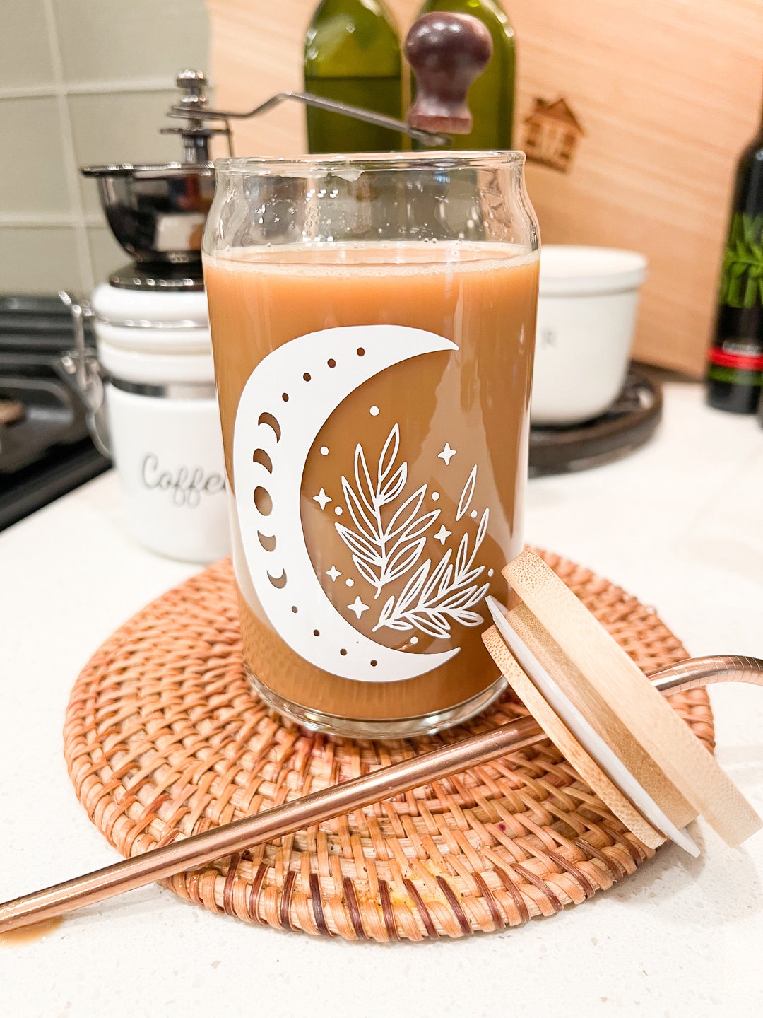 Half Moon Floral Coffee Cup, Celestial Drink, Ice Coffee Drink, Moon ...