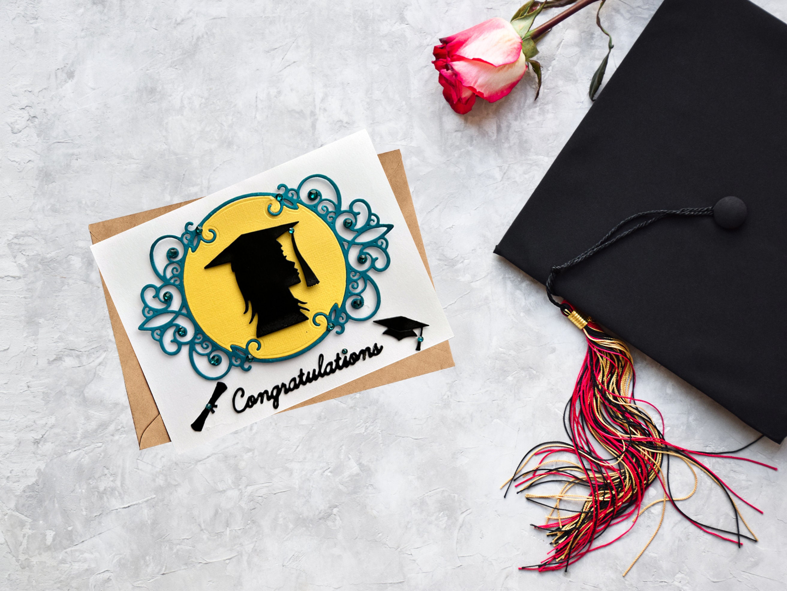 Graduation Card With Girl Woman Graduate | Blue and Yellow School ...