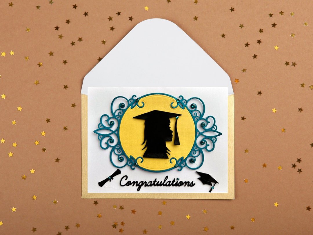 Graduation Card With Girl Woman Graduate | Blue and Yellow School ...