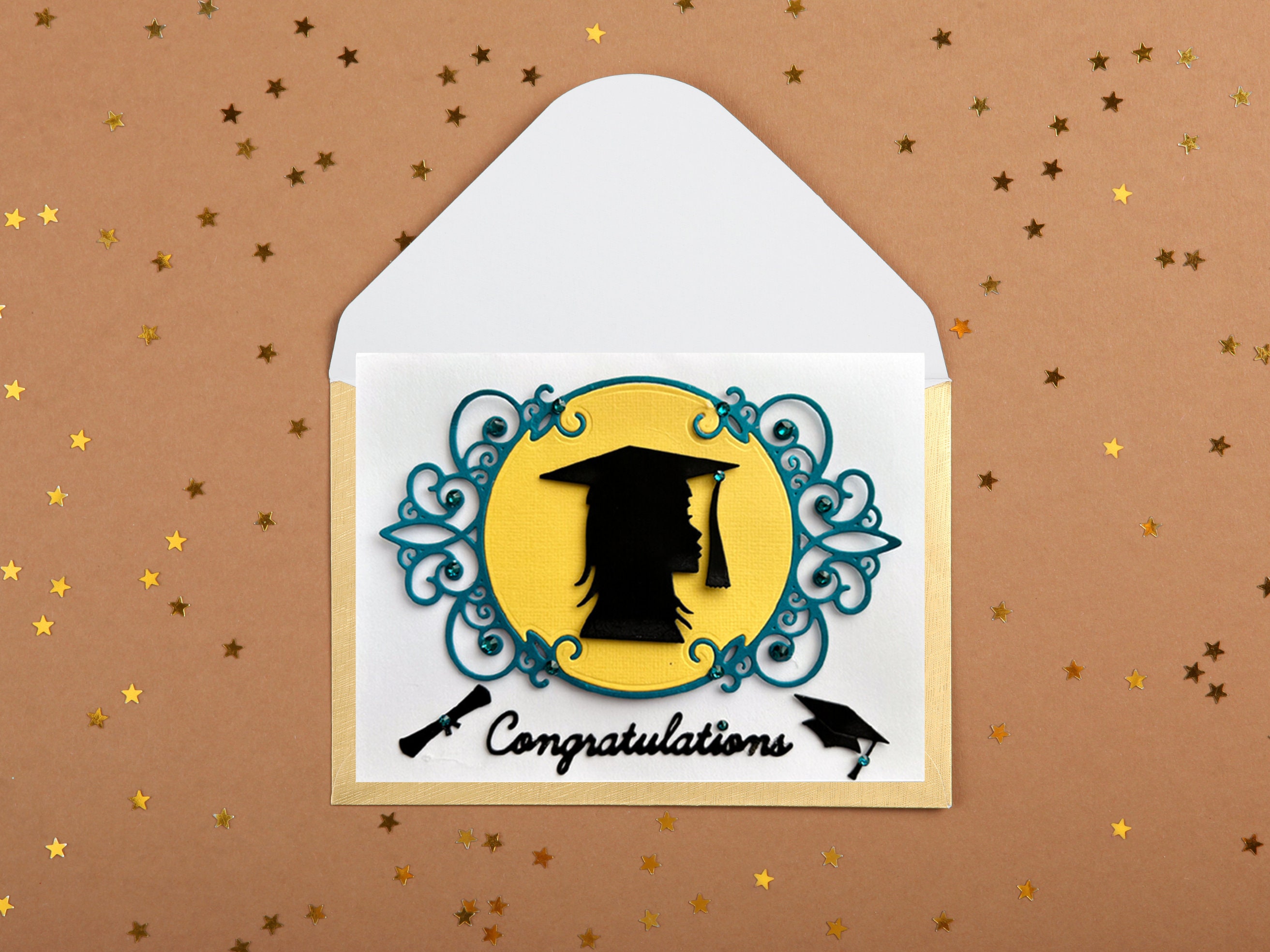 Graduation Card With Girl Woman Graduate | Blue and Yellow School ...