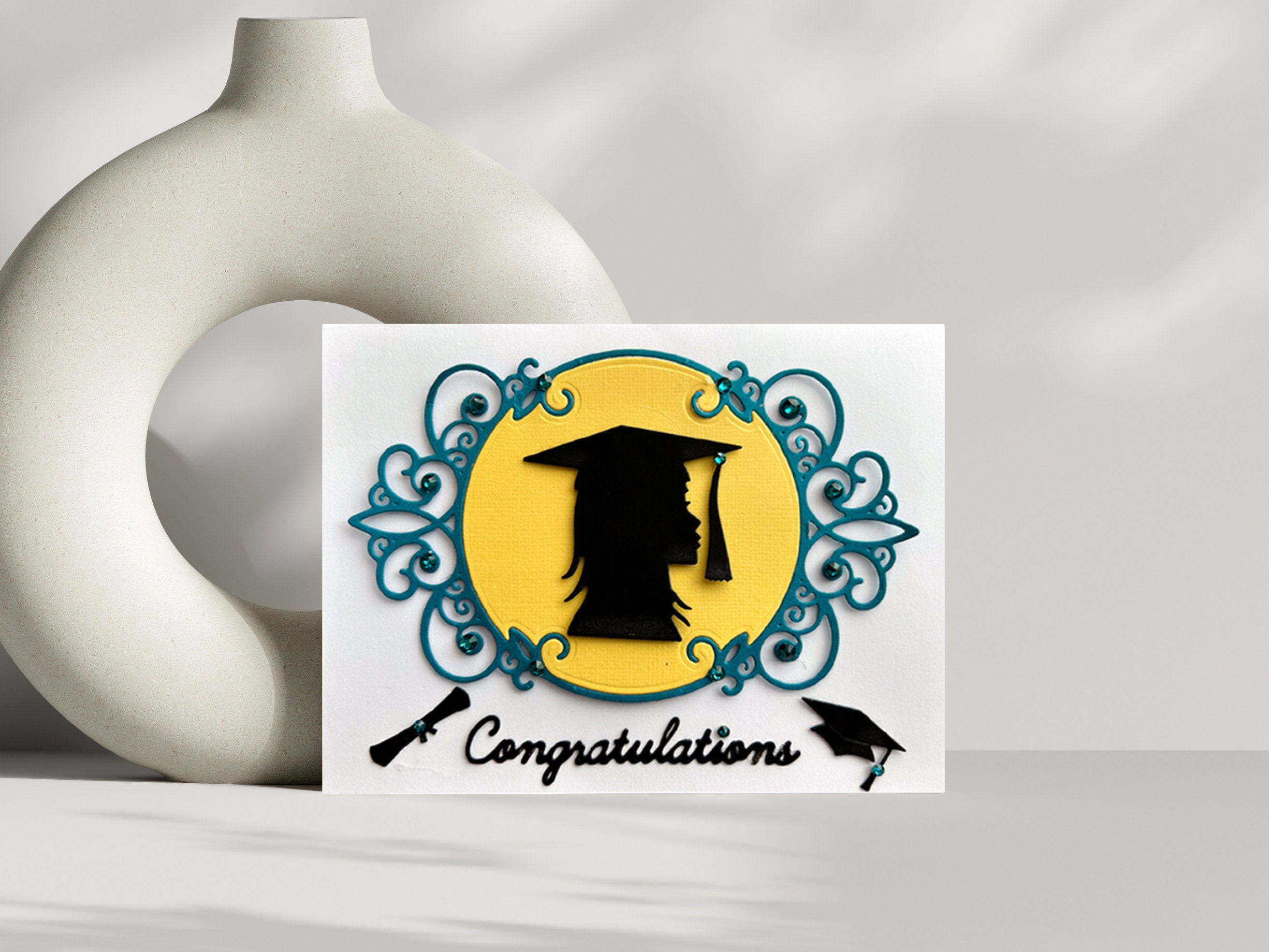 Graduation Card With Girl Woman Graduate | Blue and Yellow School ...