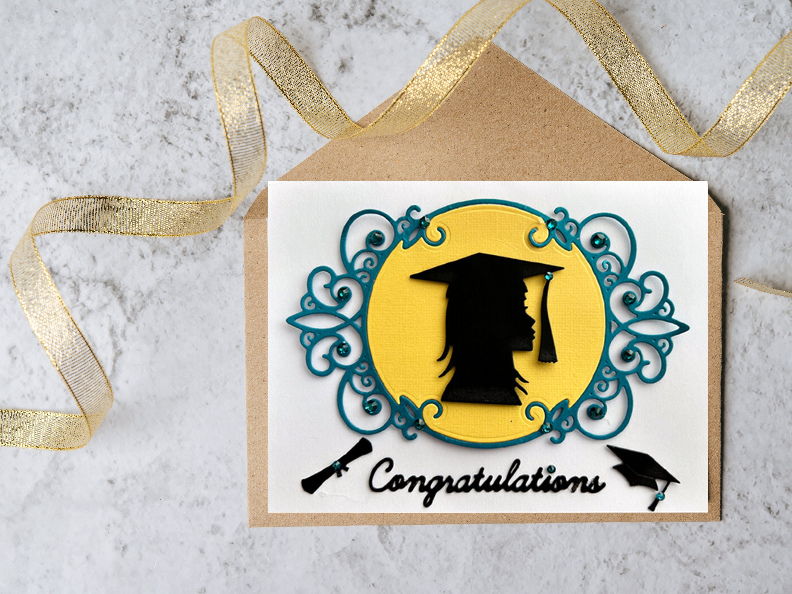Graduation Card With Girl Woman Graduate | Blue and Yellow School ...