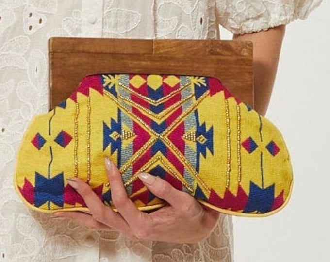 Boho Clutch With Wood Handle, Yellow Pink Party Clutch, Summer Clutch ...