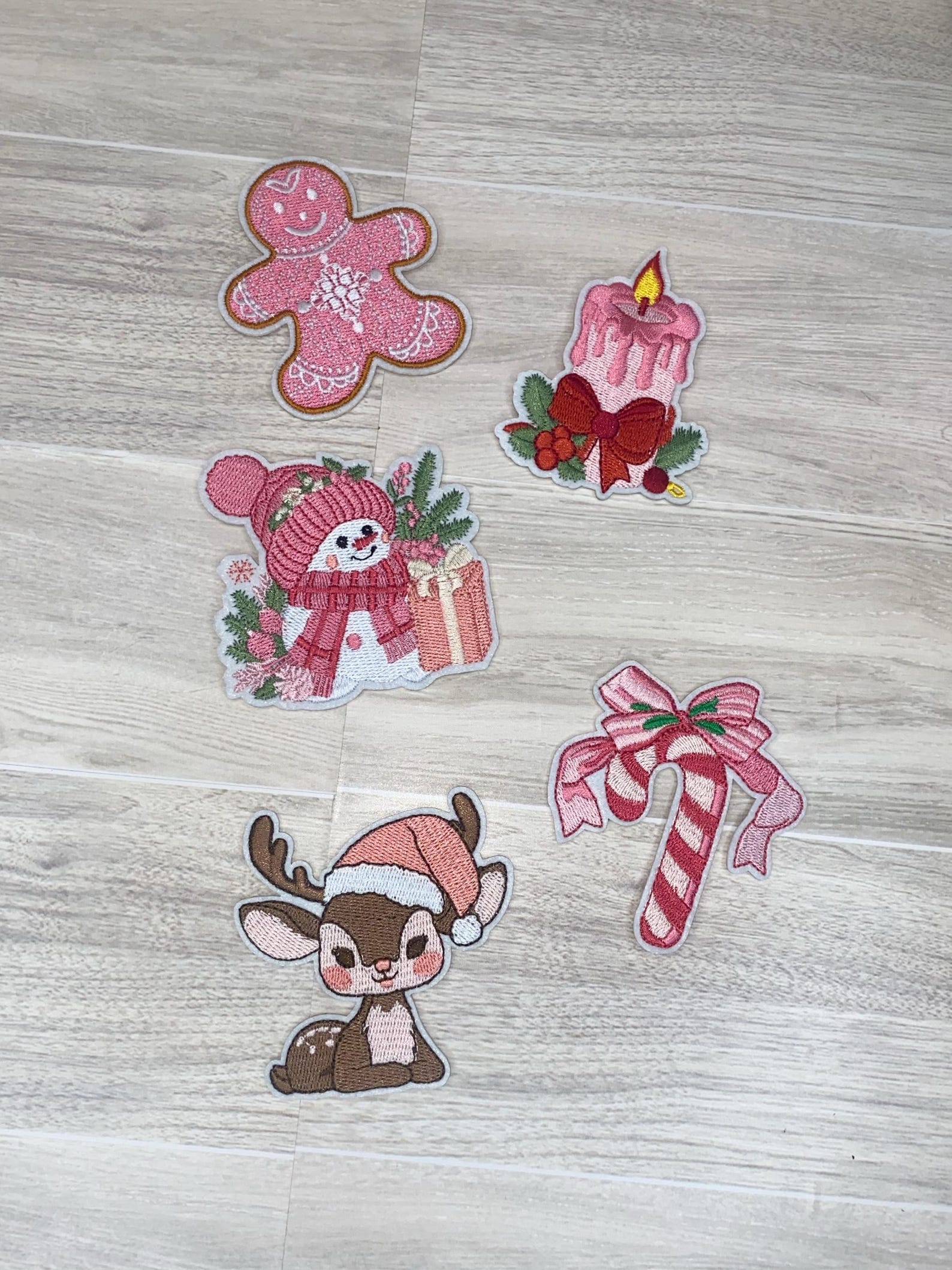 Pink Christmas Iron on Patch Set – 5 Piece Embroidered Holiday Patches ...