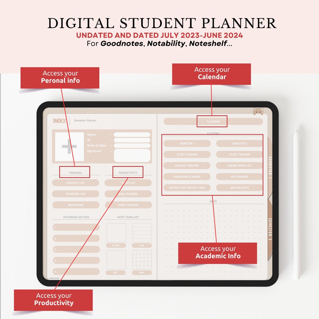 Undated and 2023-2024 Hyperlinked Student Planner | Digital Notebook ...