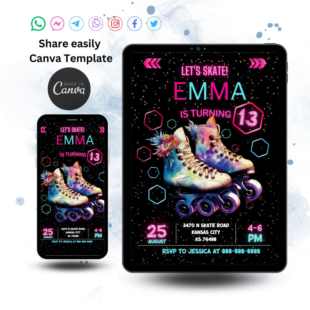 Custom Instant Download Roller Skate Party Invitation, Customizable 5x7 ...