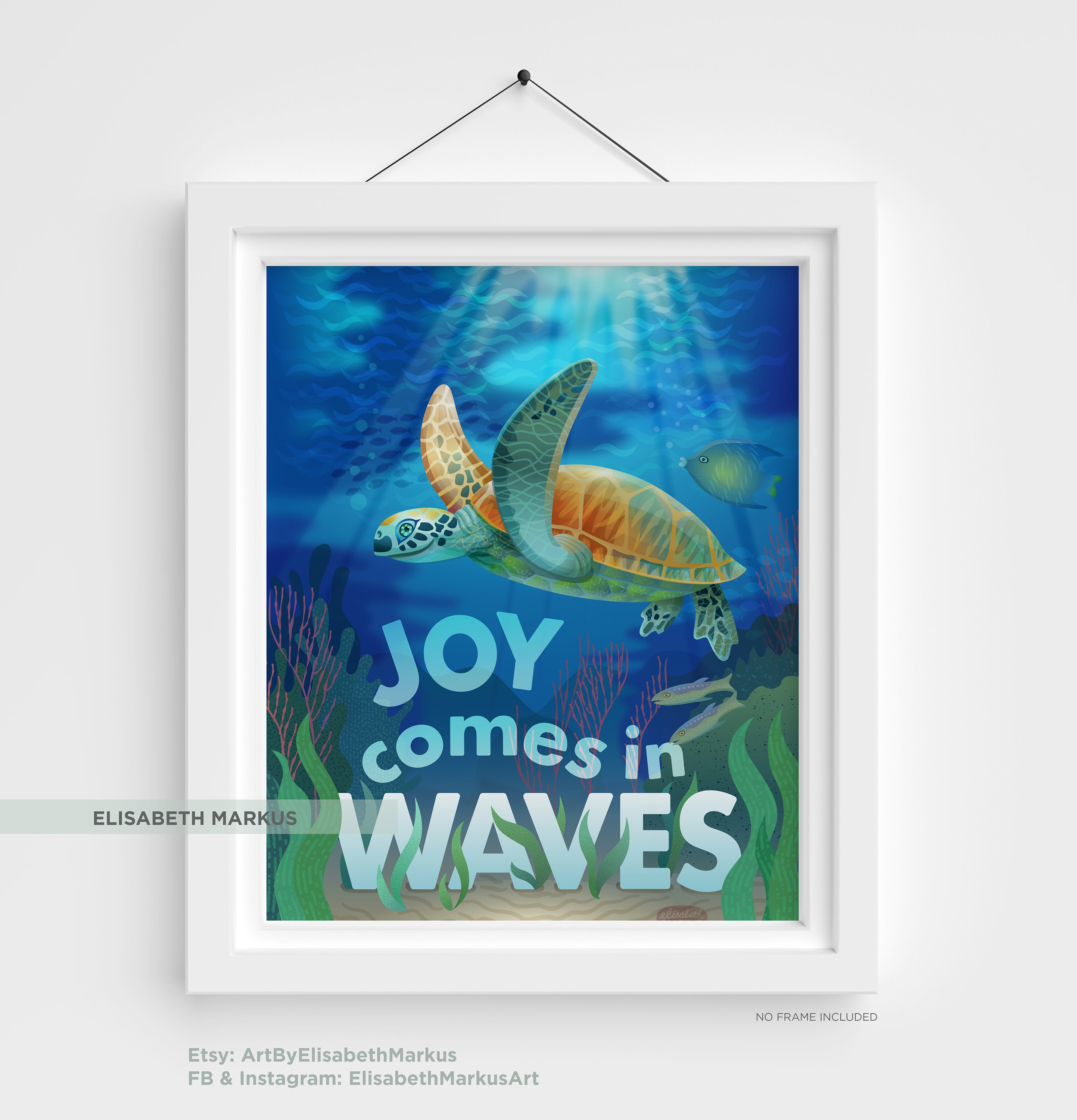 Sea Turtle Joyful Illustration, Wall Art, Ocean Room Décor, Animal Art ...