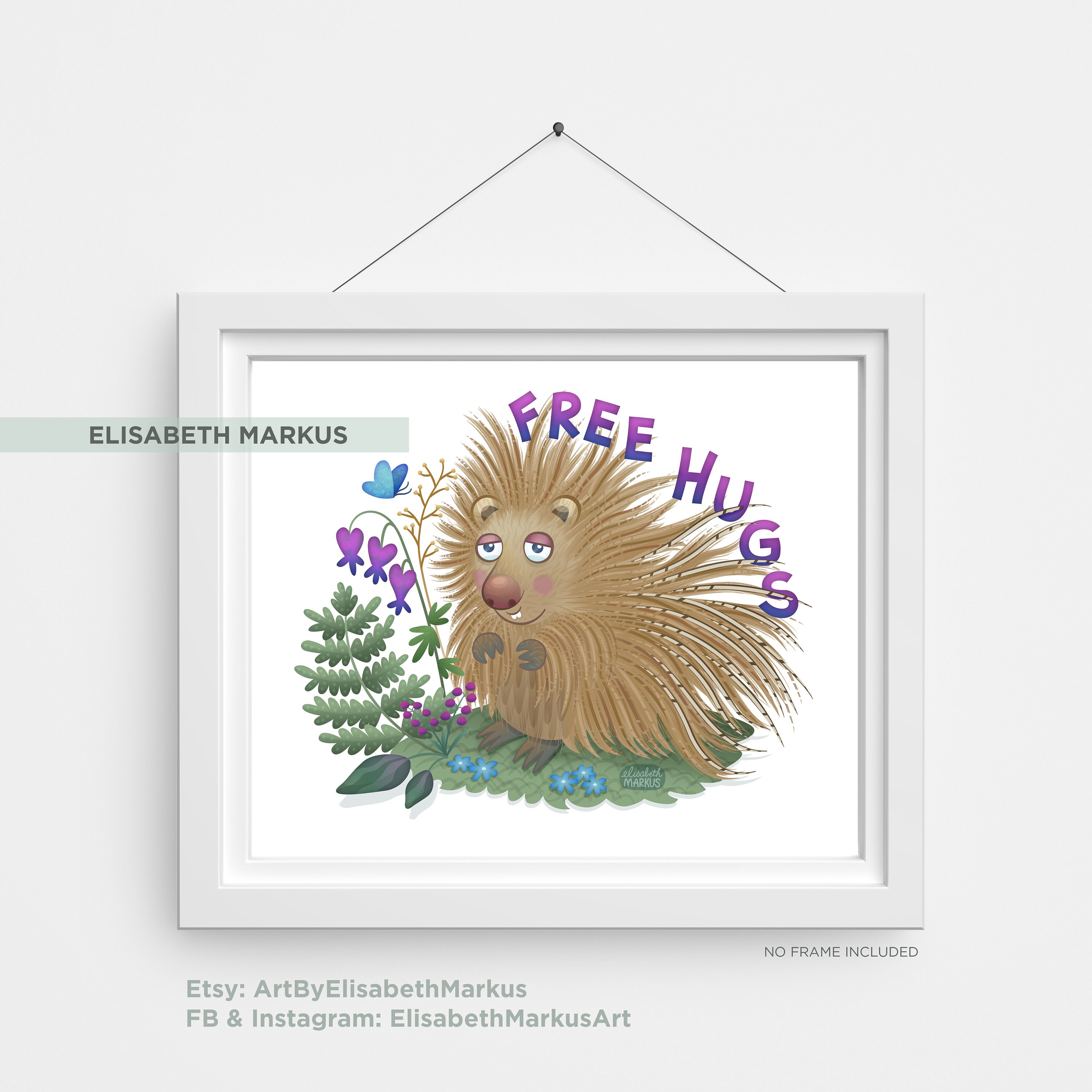 Free Hugs Porcupine Illustration Print, Kids Wall Art, Cute Animal ...