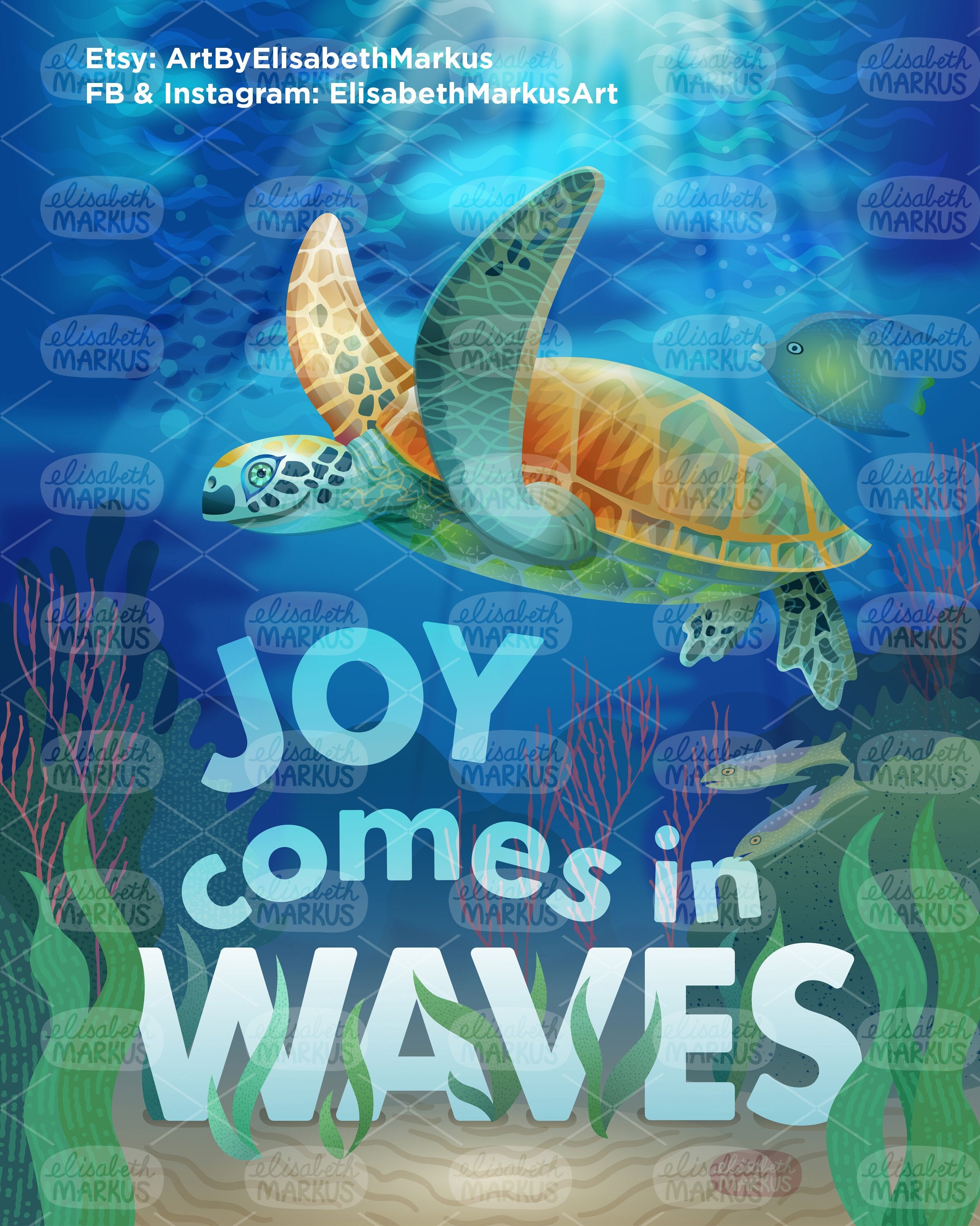 Sea Turtle Joyful Illustration, Wall Art, Ocean Room Décor, Animal Art ...