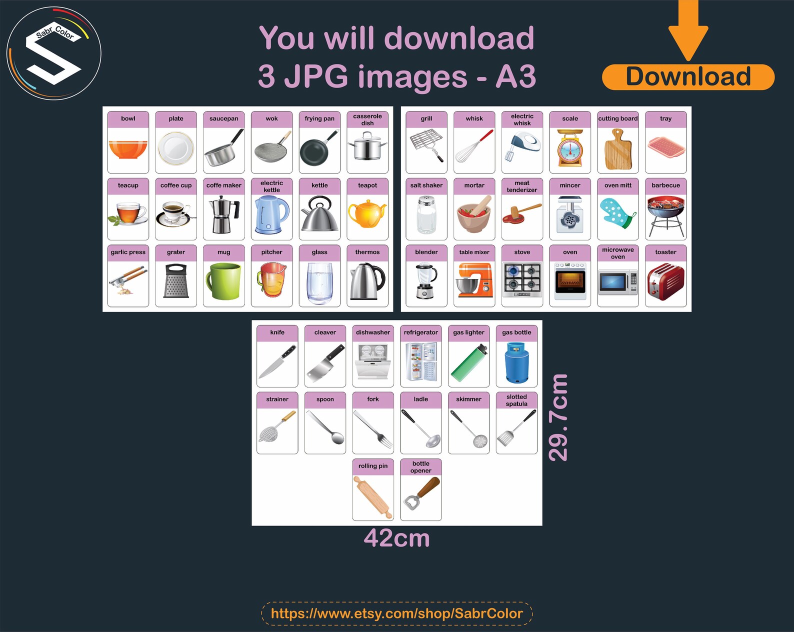 ENGLISH Kitchen Flashcards / Printable Kitchen Vocabulary / | Etsy