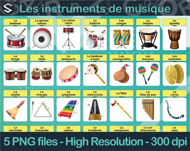 FRENCH Musical Instruments Vocabulary Large Printable Poster - Etsy