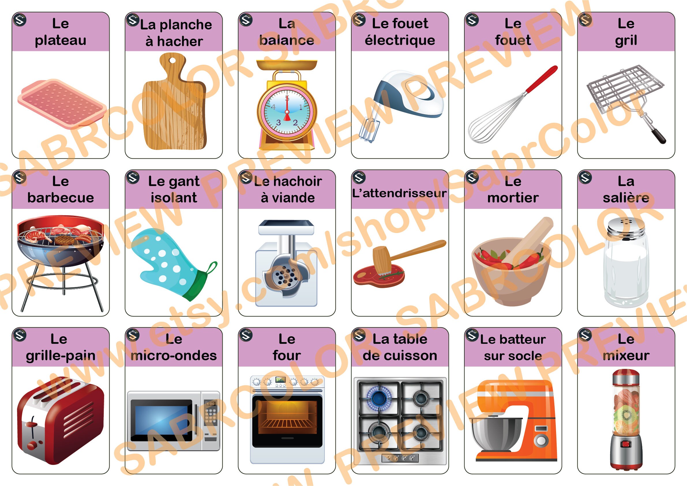 FRANCÉS Utensilios de cocina y vocabulario de cocina Tarjetas - Etsy España