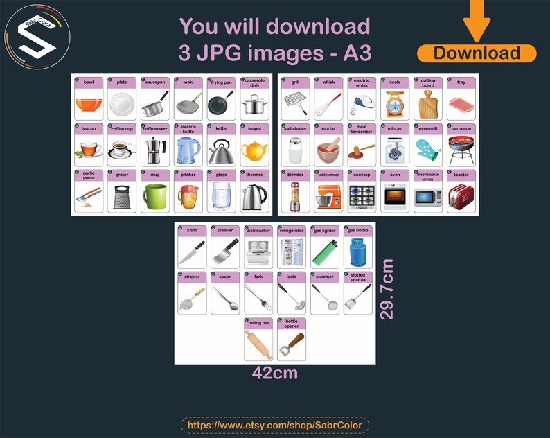 English Kitchen Flashcards: Printable Vocabulary Cards-digital Download ...