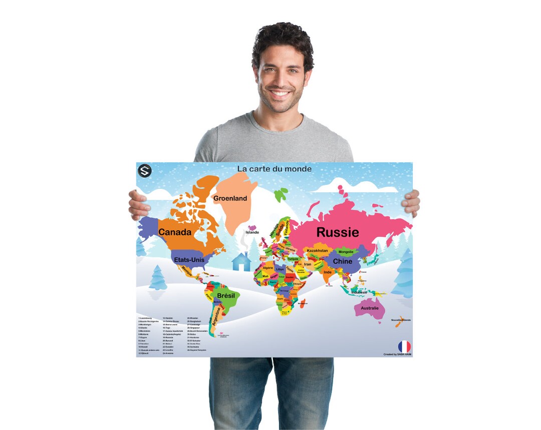 La Carte Du Monde FRENCH World Map With Winter Background Large Poster ...