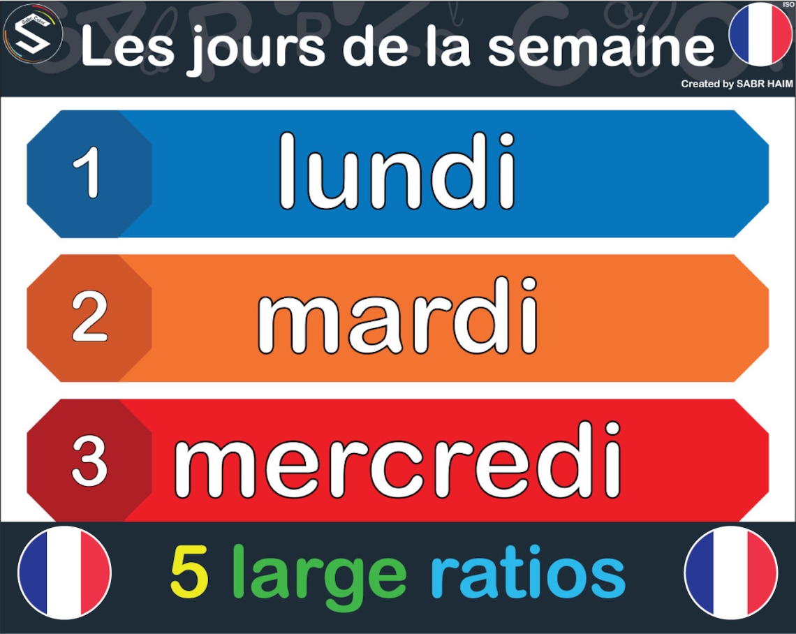FRENCH Days of the Week Vocabulary Large Poster for Playrooms and ...