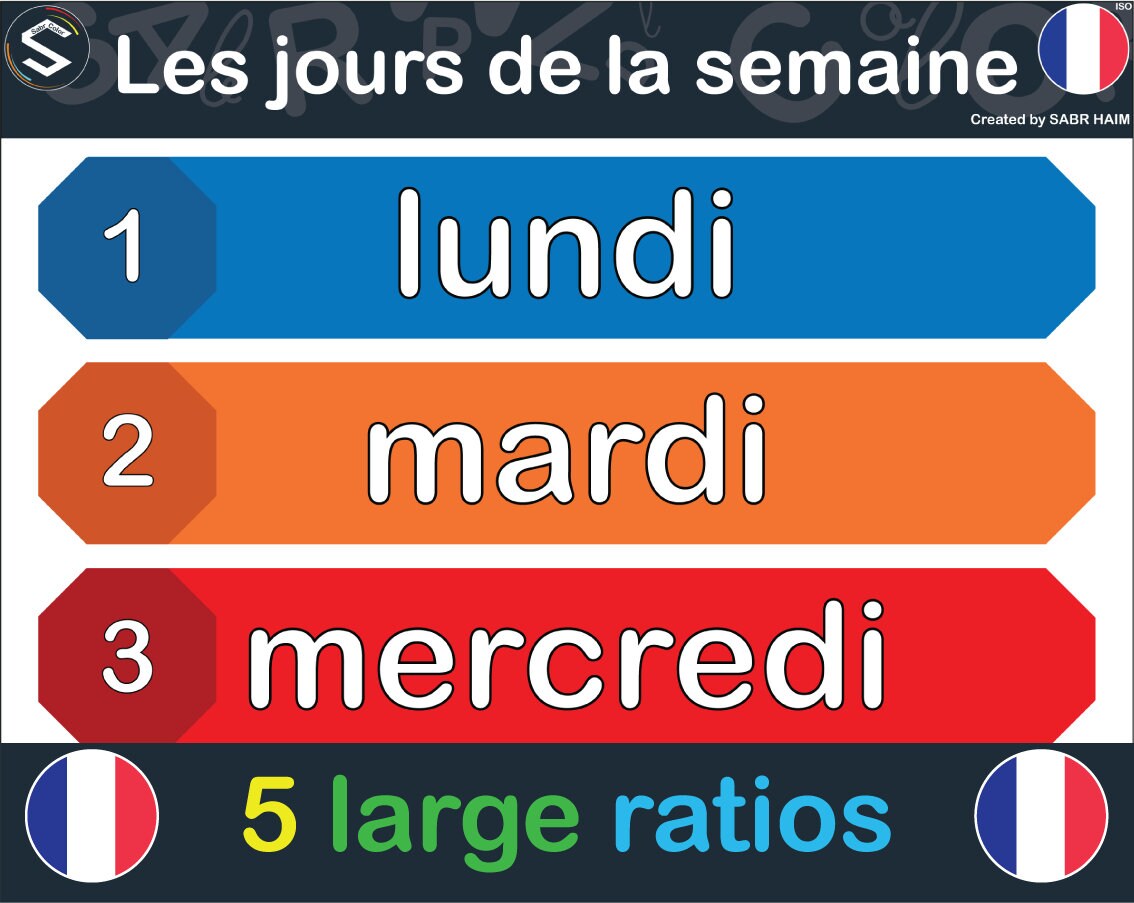 FRENCH Days of the Week Vocabulary Large Poster for Playrooms and ...