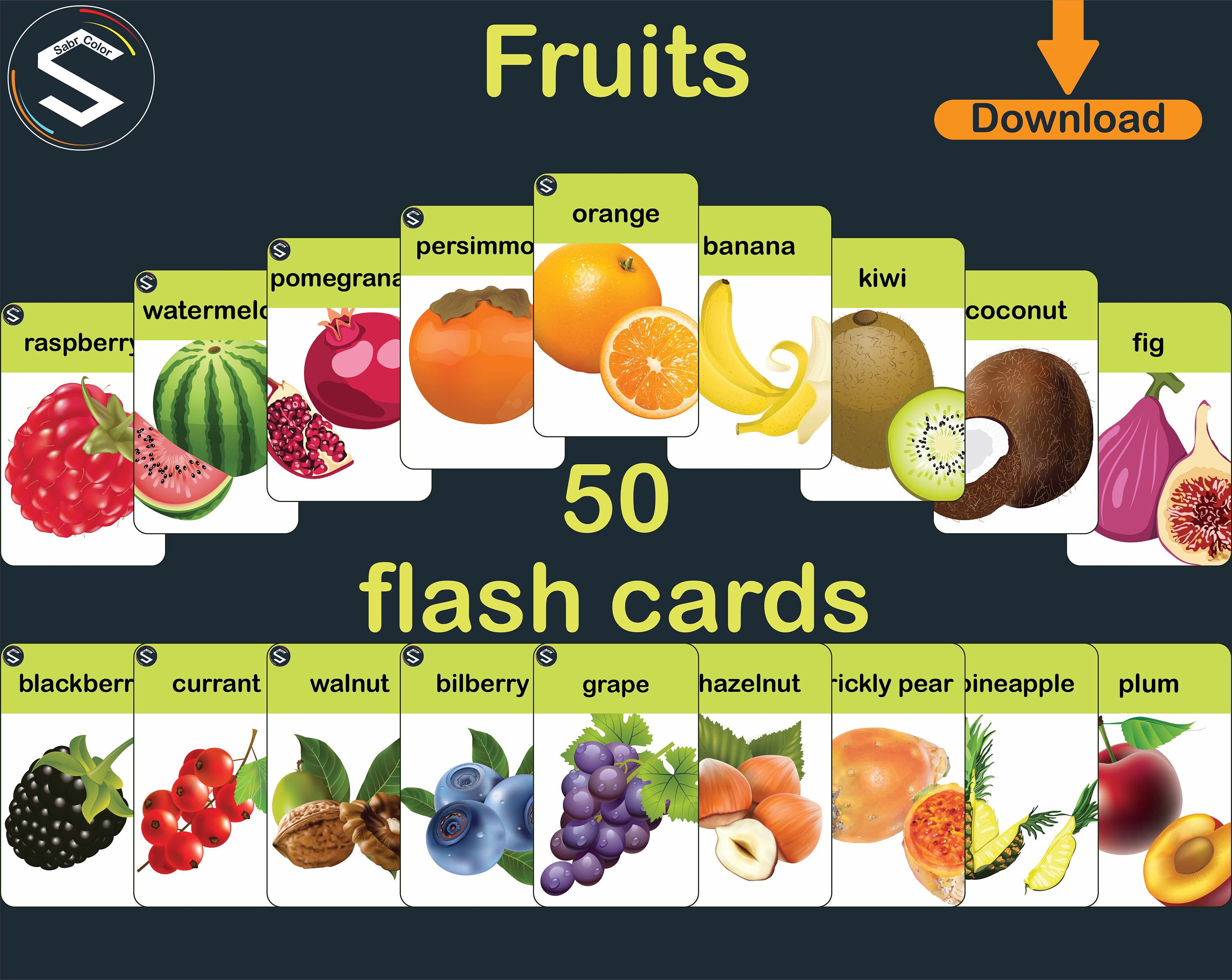 Tarjetas flash de vocabulario de frutas en inglés/tarjetas flash ...