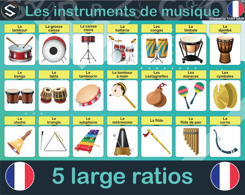 FRENCH Musical Instruments Vocabulary Large Printable Poster | Les ...