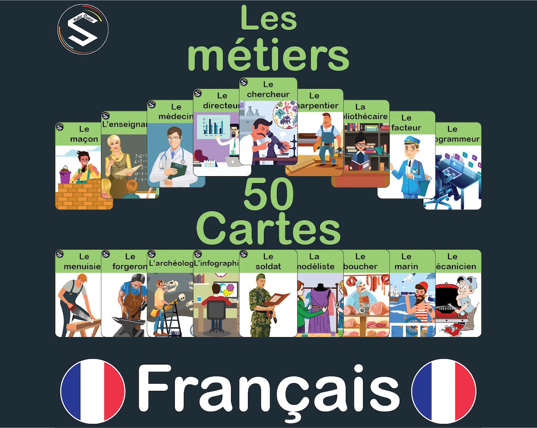 FRENCH Jobs and Professions Vocabulary Printable Flashcards Vocabulaire ...