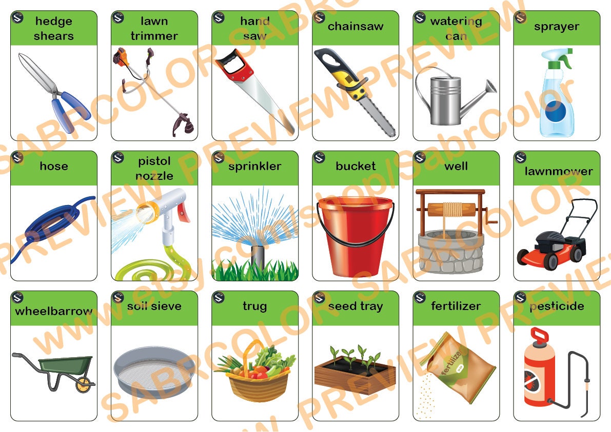 ENGLISH Garden Vocabulary Printable Flashcards Garden Tools Lexicon ...
