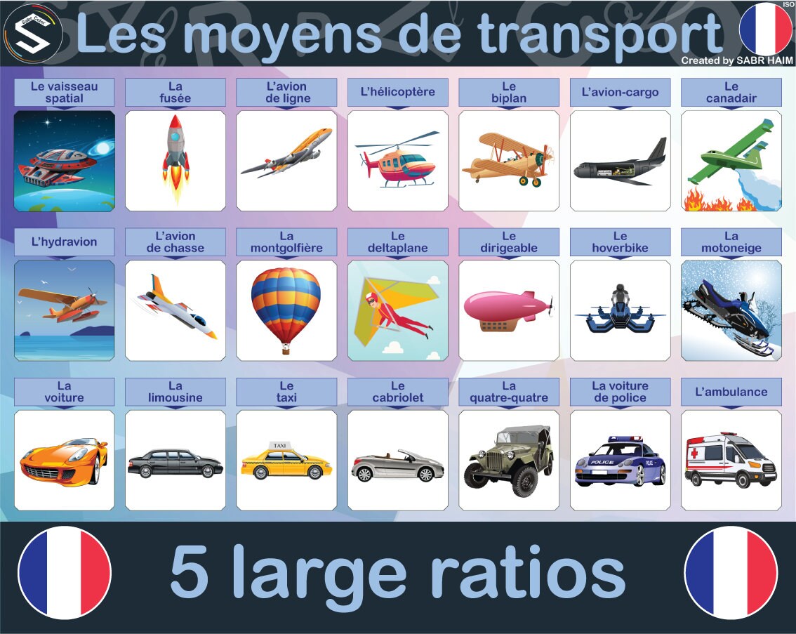 French Means of Transport Vocabulary Five Large Posters for Playrooms ...