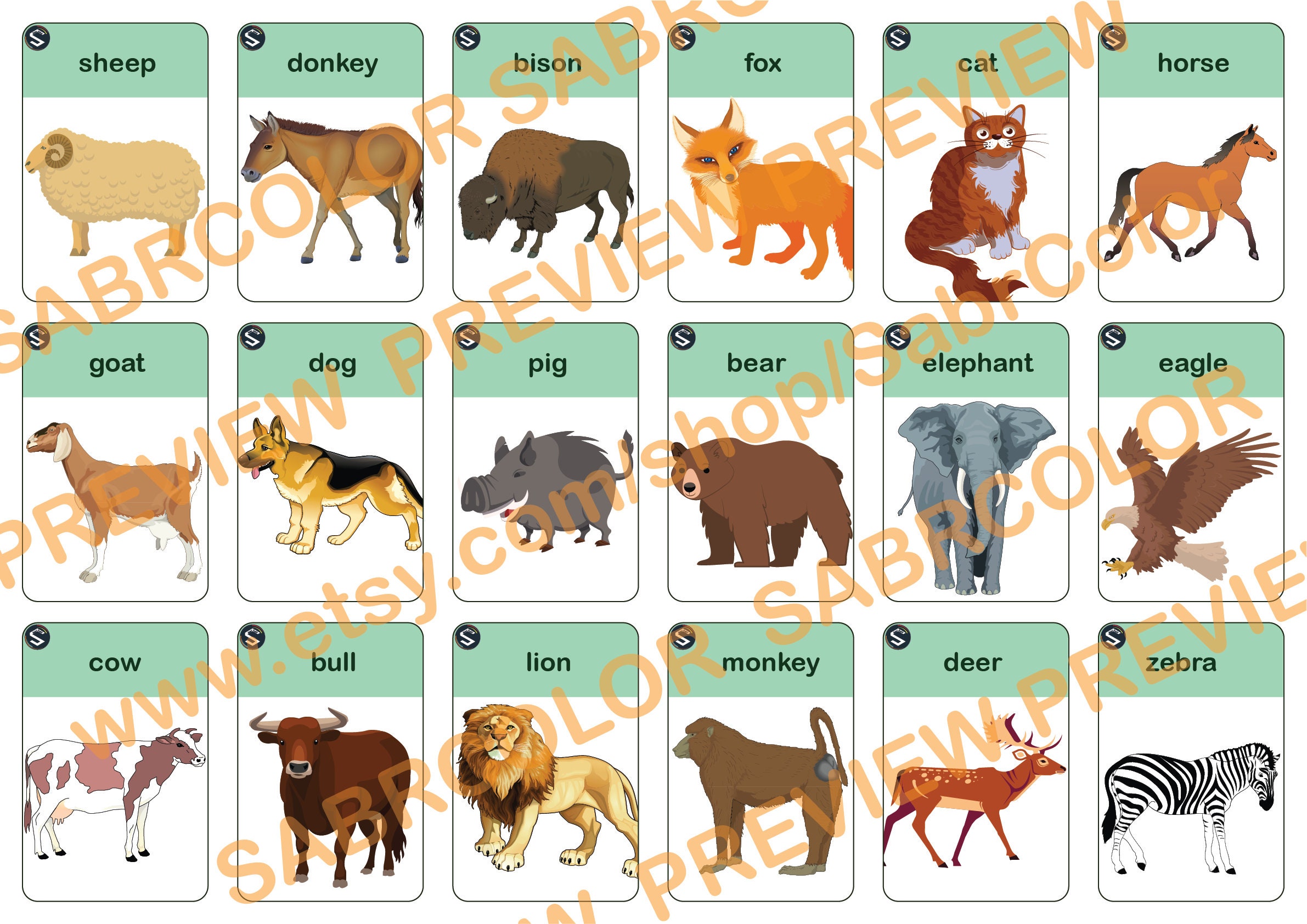 English Animals Vocabulary Printable Flashcards for Nursery and ...