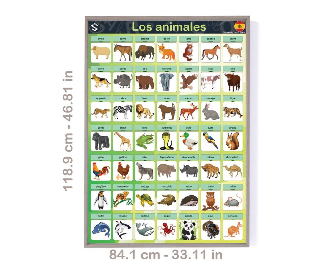 SPANISH Animals Vocabulary Printable LARGE Wall Poster| Los Animales ...