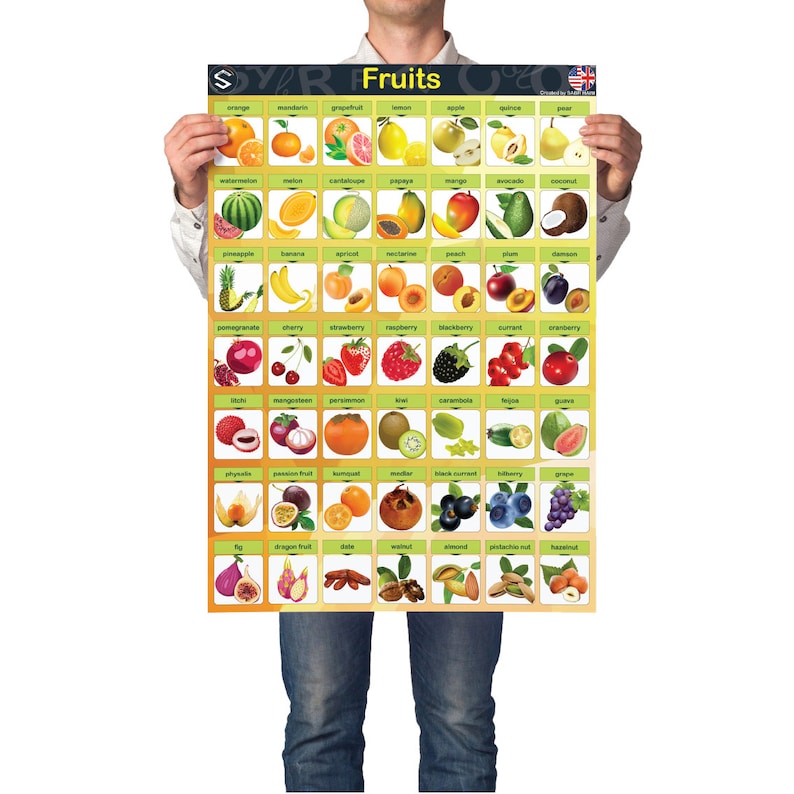 English Fruits Vocabulary Large Wall Poster for Kids Room and Classroom ...