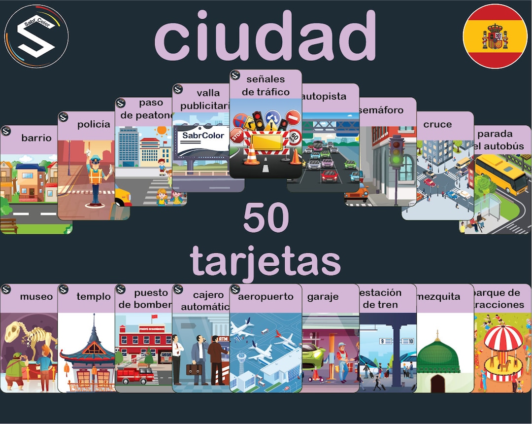 Spanish City Vocabulary Flashcards: 50 Printable Cards (digital ...